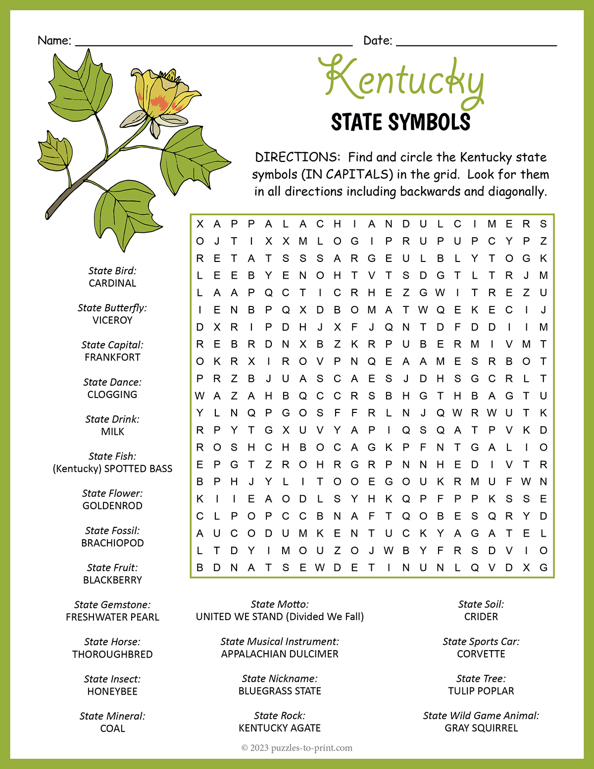 State Symbols of Kentucky Word Search