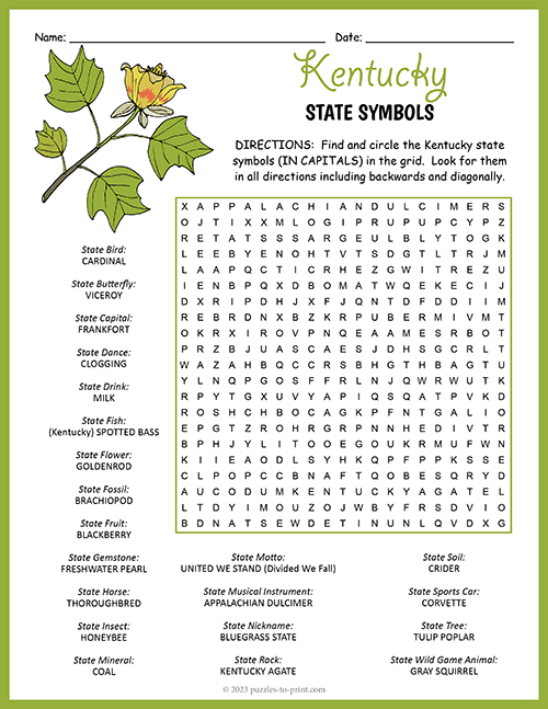 State Symbols of Kentucky Word Search