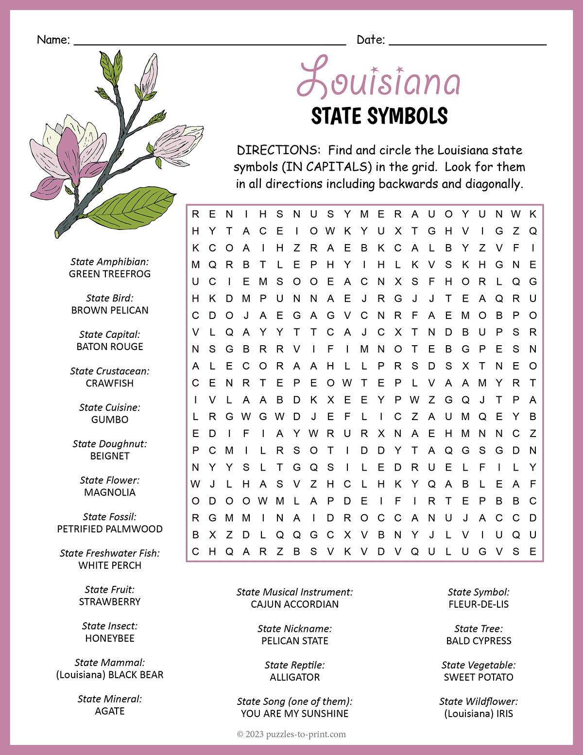 State Symbols of Louisiana Word Search