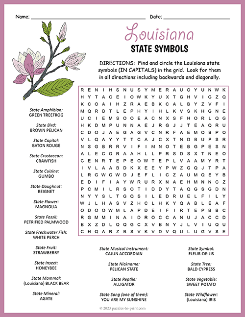 State Symbols of Louisiana Word Search