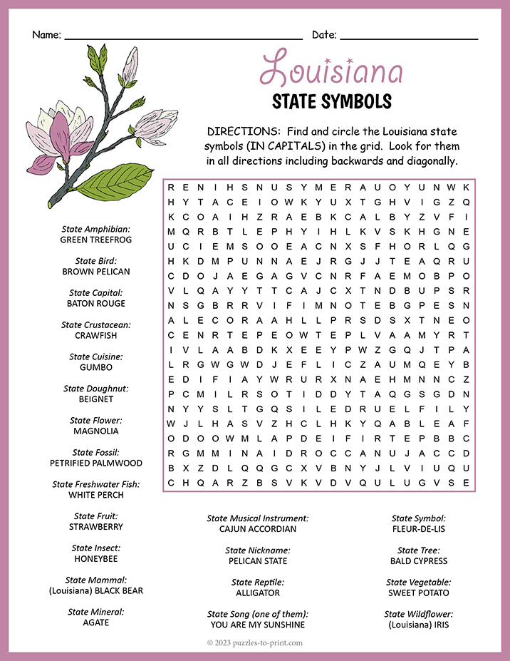 State Symbols of Louisiana Word Search