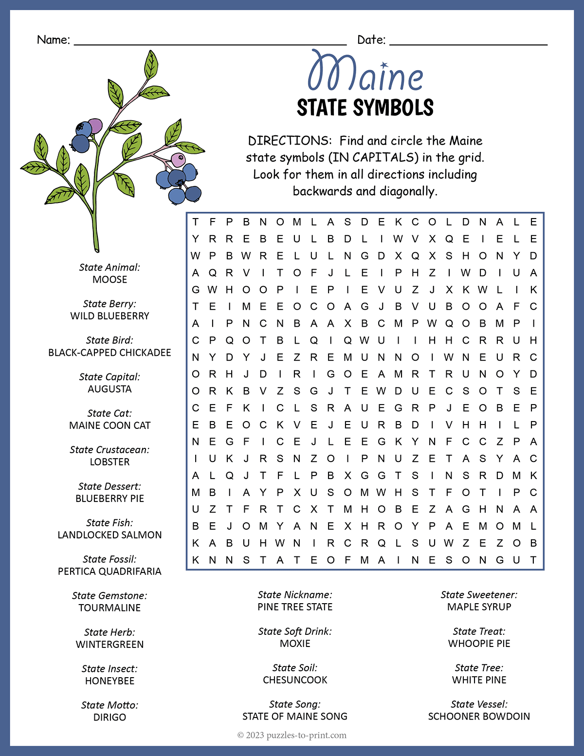 State Symbols of Maine Word Search