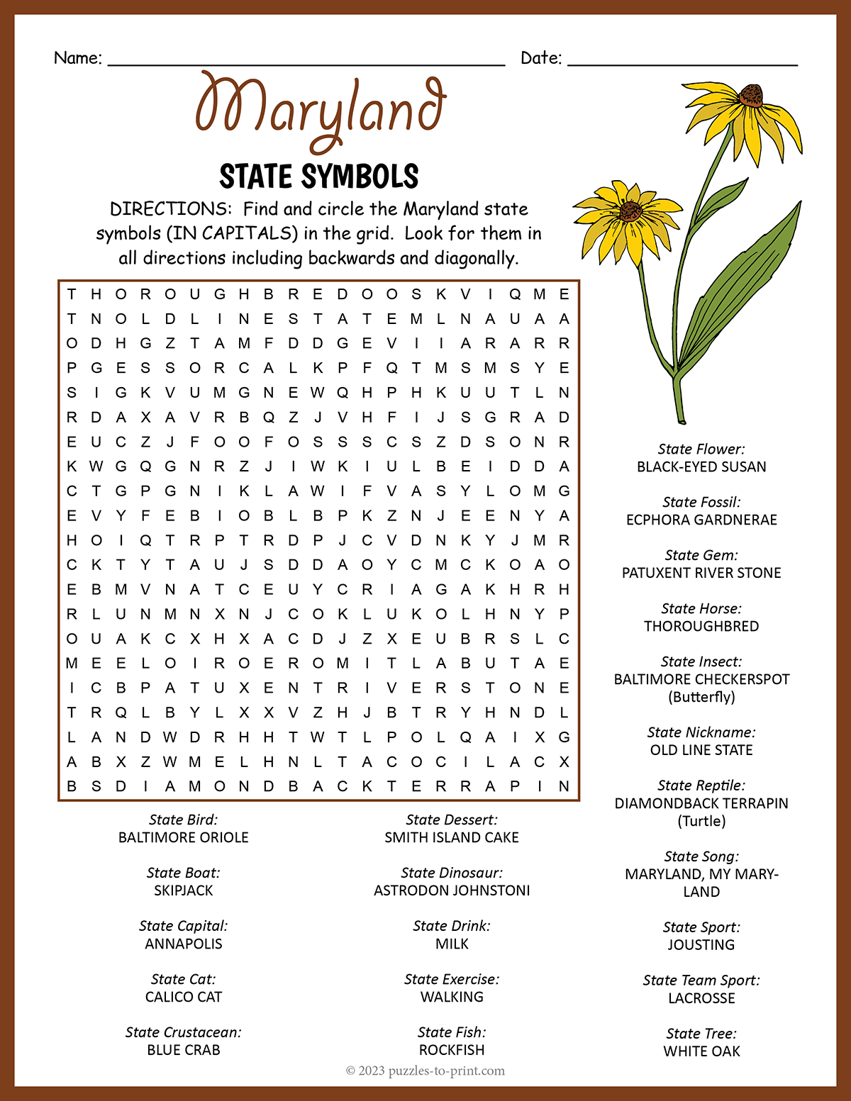 State Symbols of Maryland Word Search