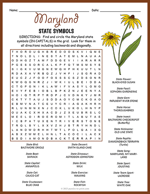 State Symbols of Maryland Word Search