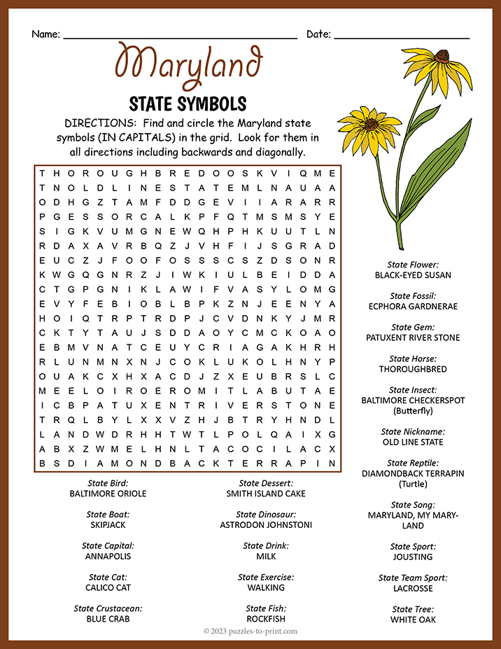 State Symbols of Maryland Word Search