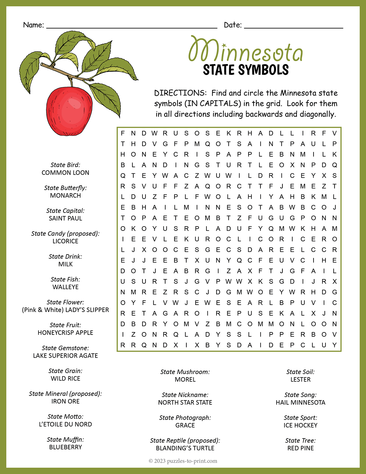 State Symbols of Minnesota Word Search