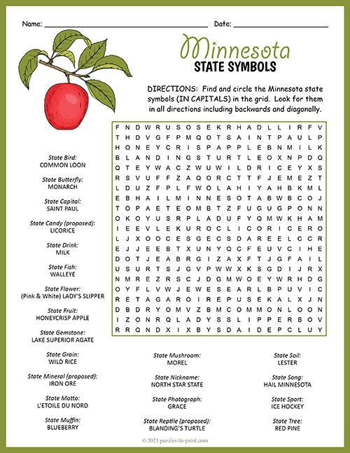 State Symbols of Minnesota Word Search