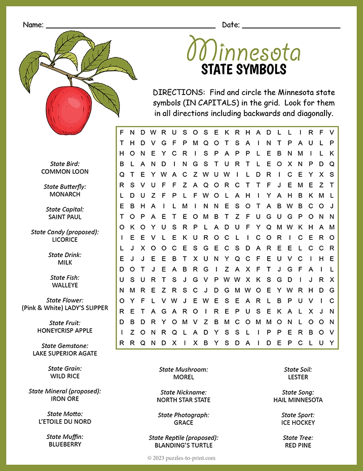 State Symbols of Minnesota Word Search