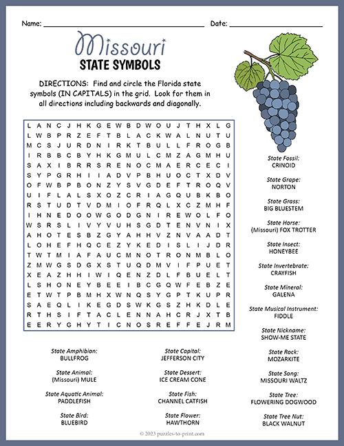 State Symbols of Missouri Word Search