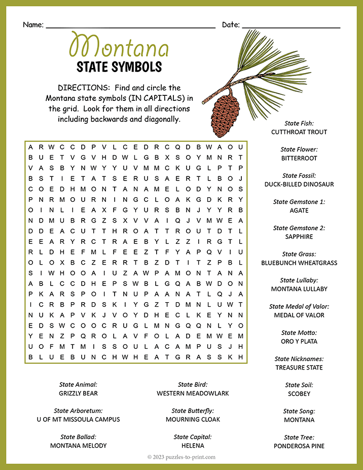 State Symbols of Montana Word Search