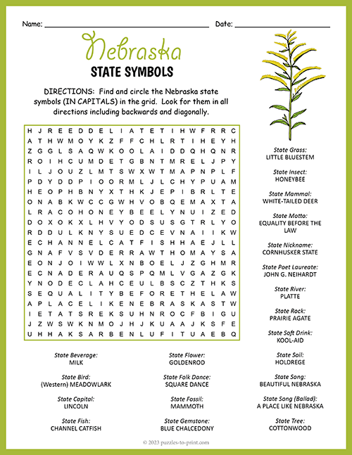 State Symbols of Nebraska Word Search