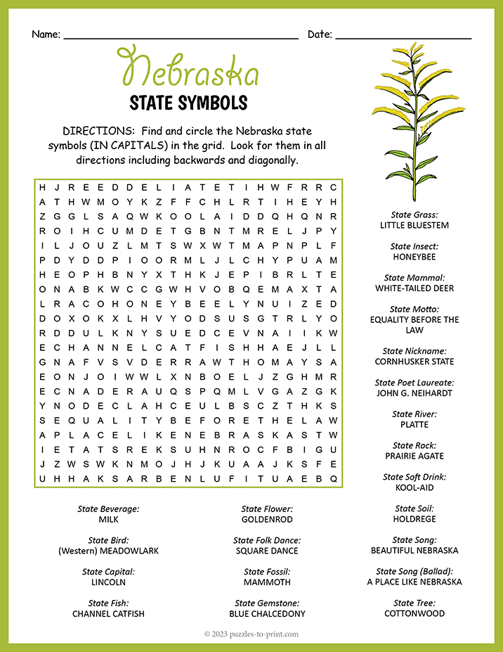 State Symbols of Nebraska Word Search