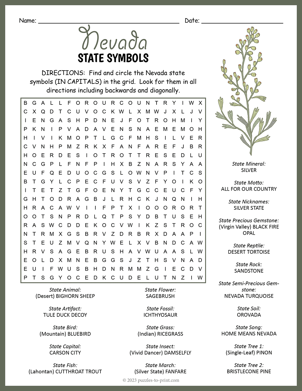 State Symbols of Nevada Word Search