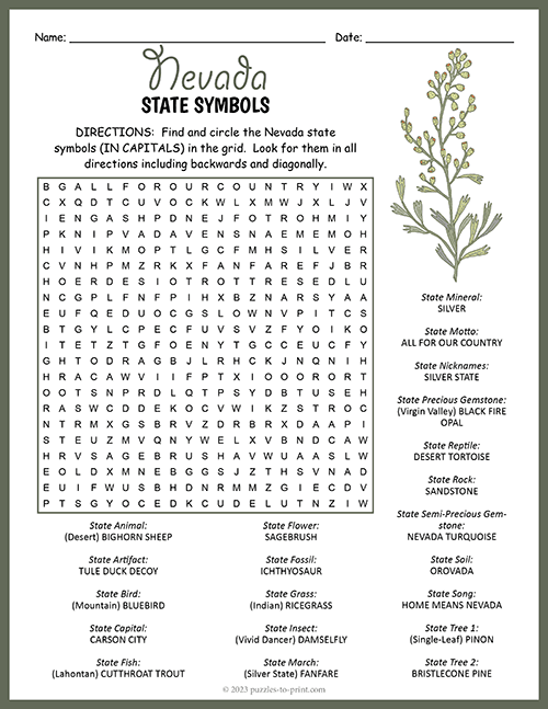 State Symbols of Nevada Word Search