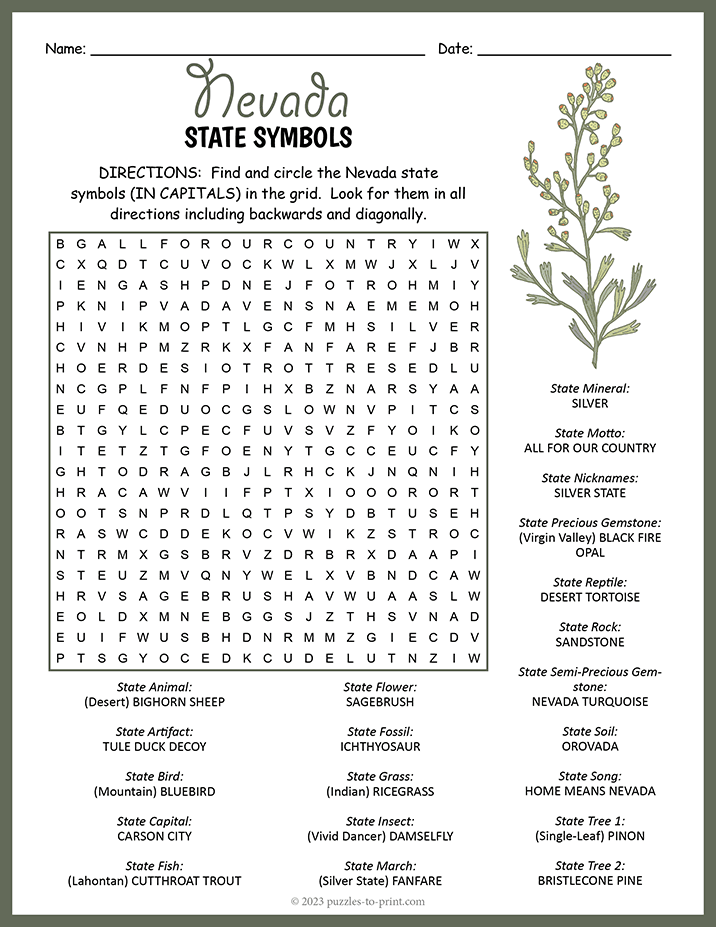 State Symbols of Nevada Word Search
