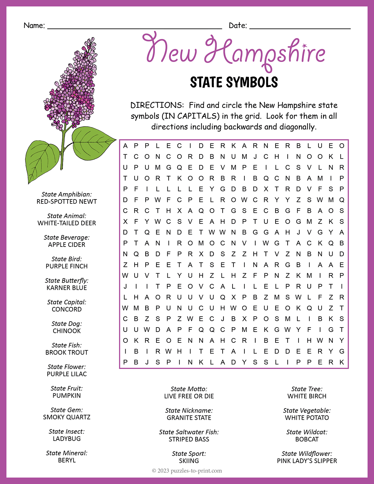State Symbols of New Hampshire Word Search