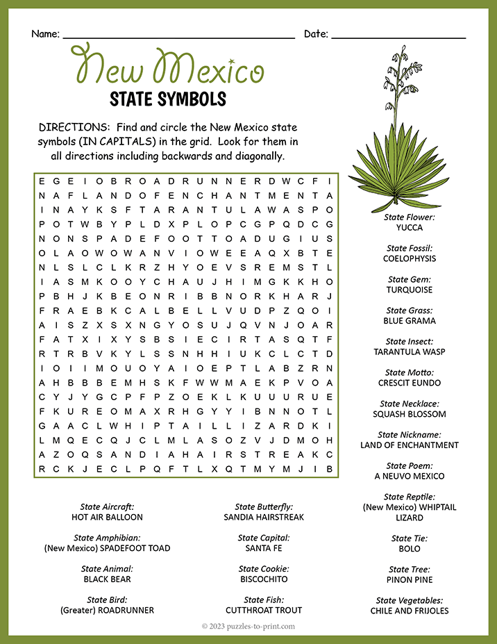State Symbols of New Mexico Word Search