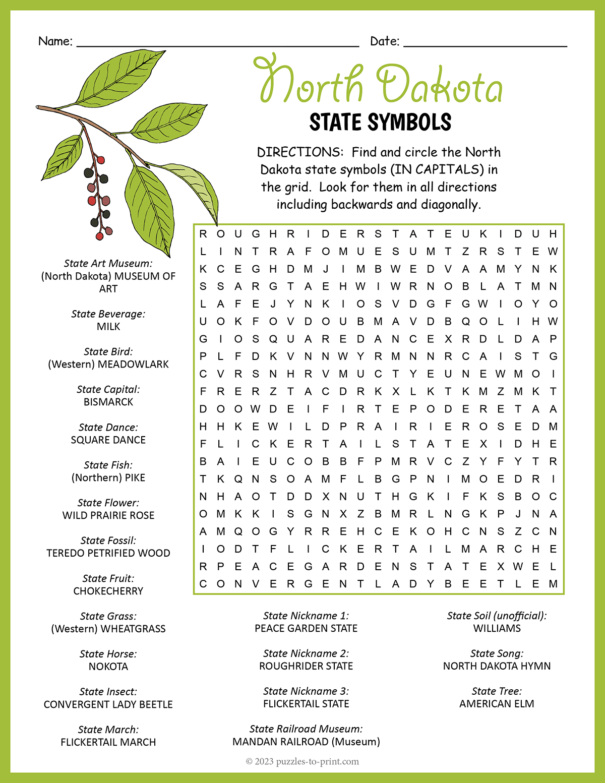 State Symbols of North Dakota Word Search