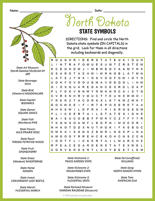 State Symbols of North Dakota Word Search