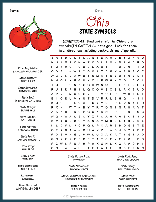 State Symbols of Ohio Word Search