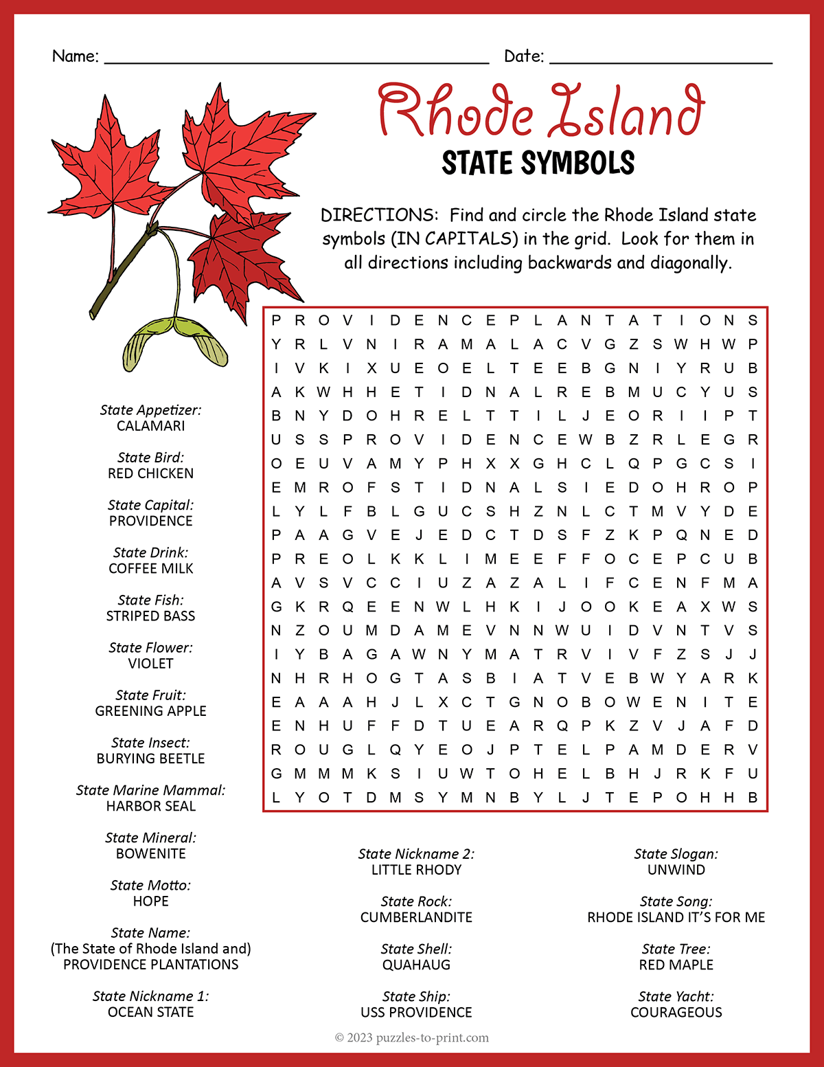 State Symbols of Rhode Island Word Search