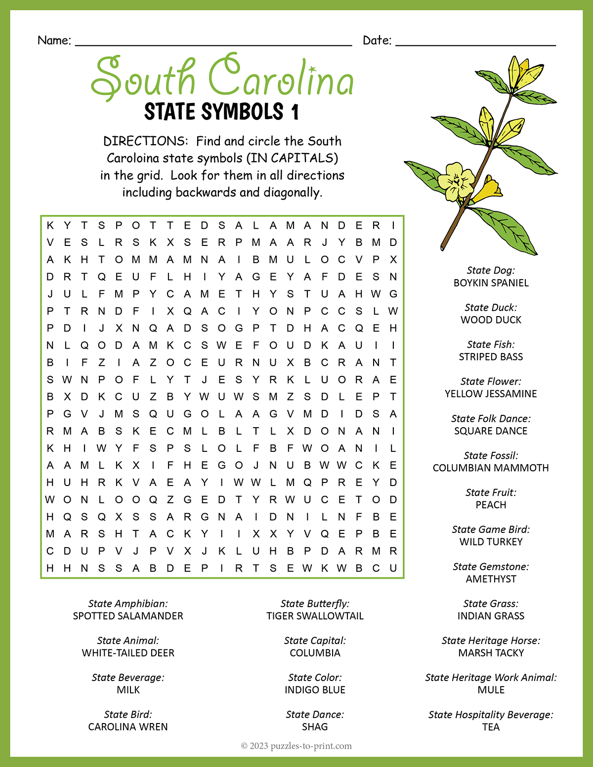 State Symbols of South Carolina Word Search