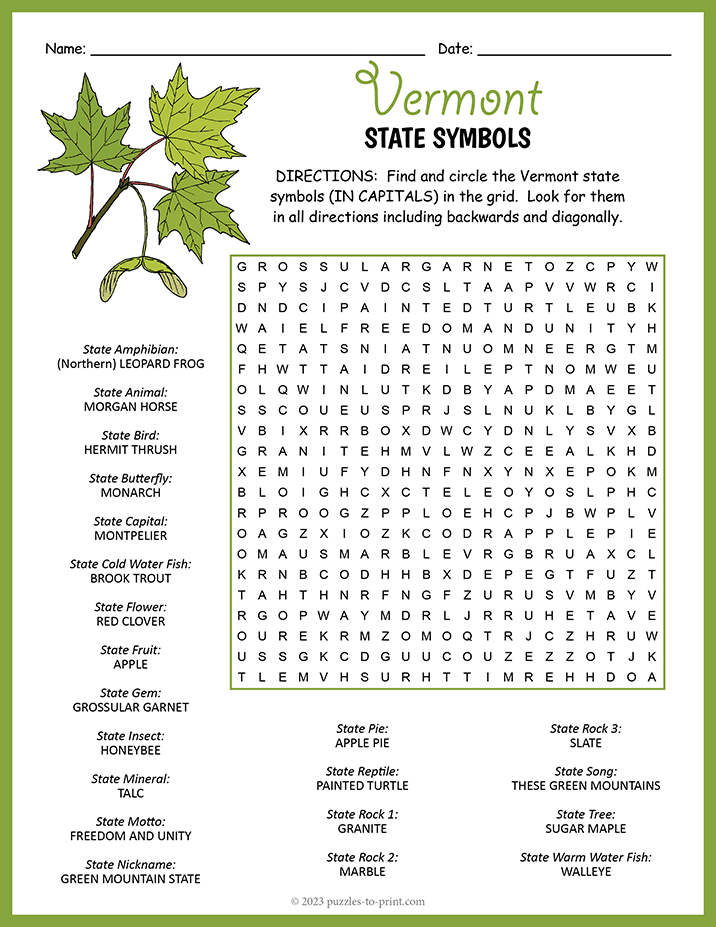 State Symbols of Vermont Word Search