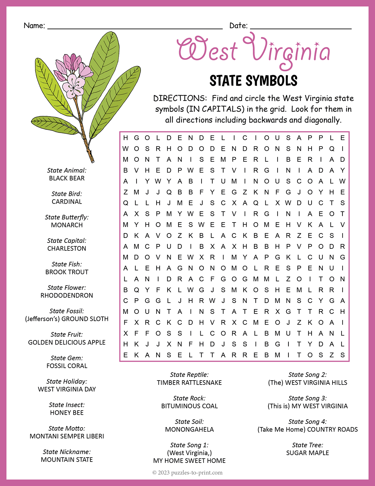 State Symbols of West Virginia Word Search