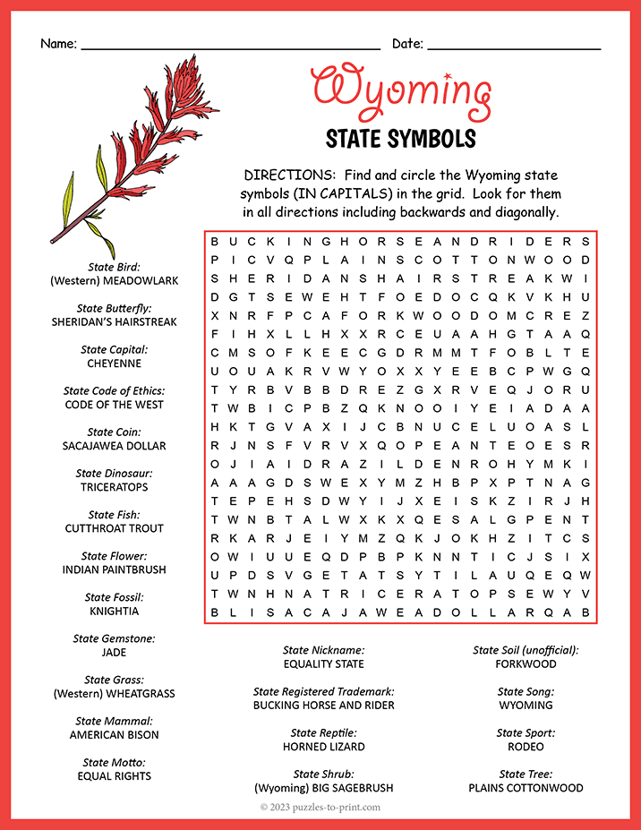 State Symbols of Wyoming Word Search