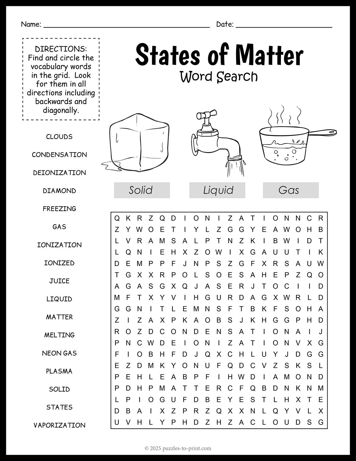 States of Matter Word Search
