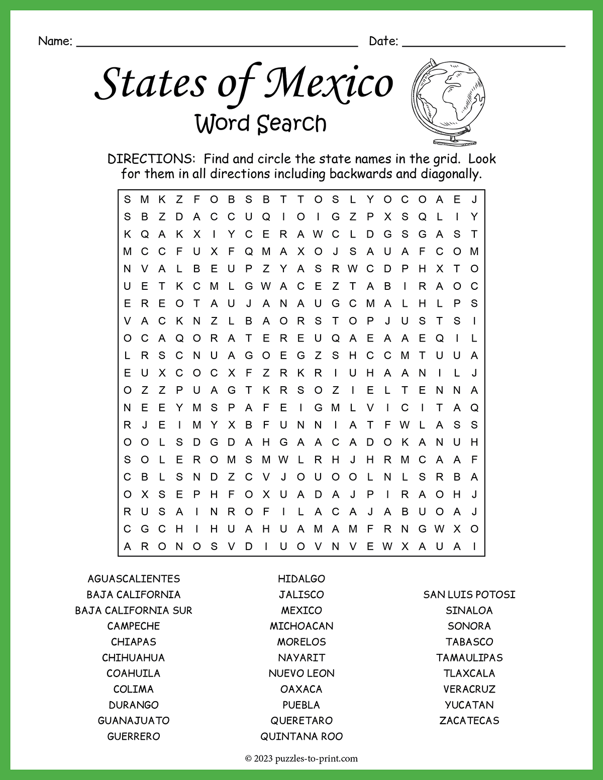 States of Mexico Word Search