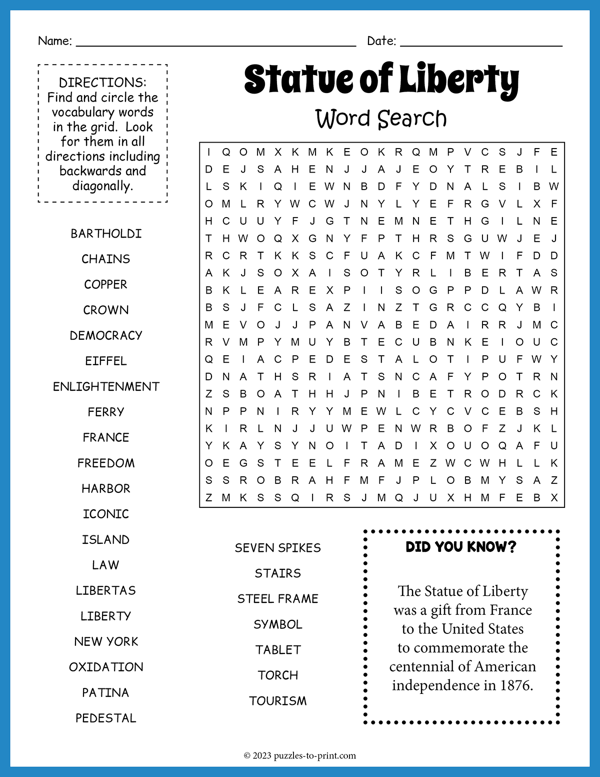Statue of Liberty Word Search