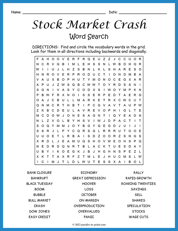 Stock Market Crash Word Search