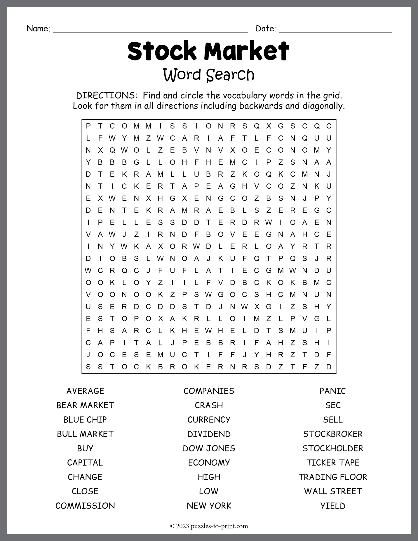 Stock Market Word Search