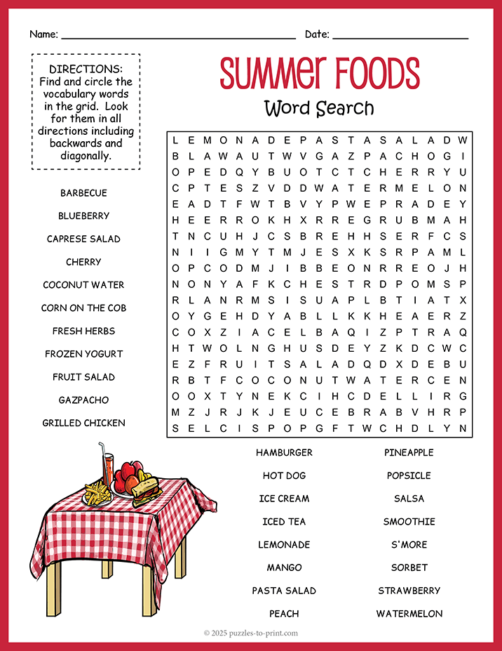 Summer Foods Word Search