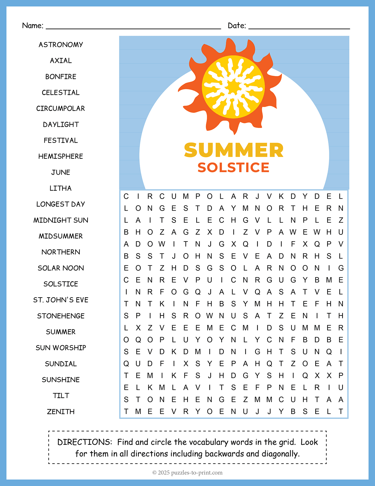 Summer Solstice Word Search