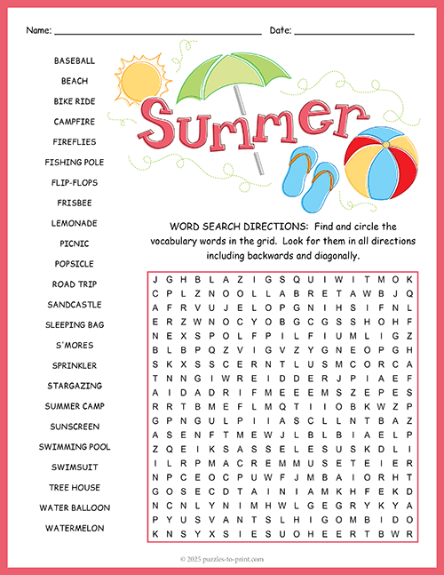 Summer Vacation Word Search