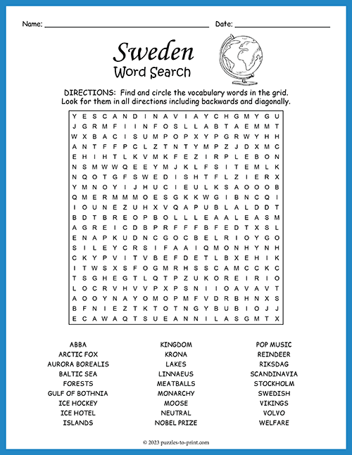 Sweden Word Search