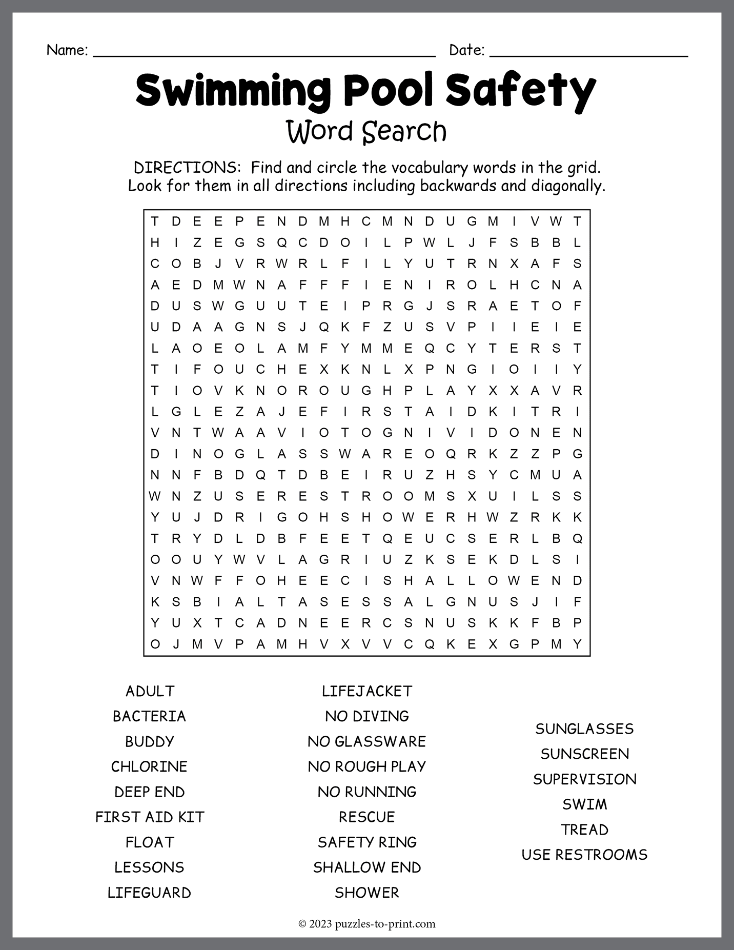 Swimming Pool Safety Word Search