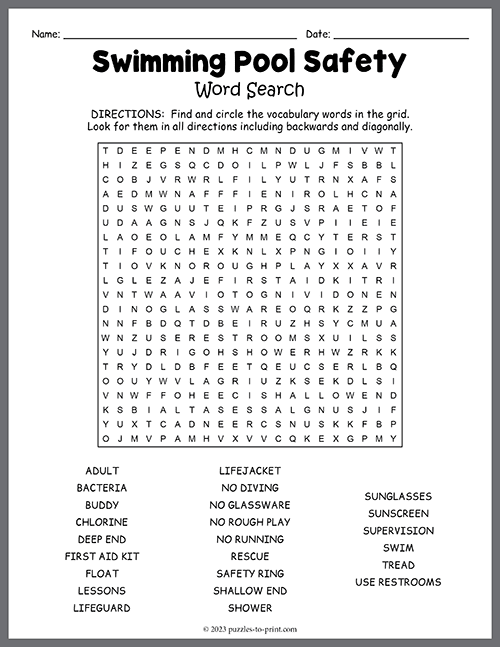 Swimming Pool Safety Word Search