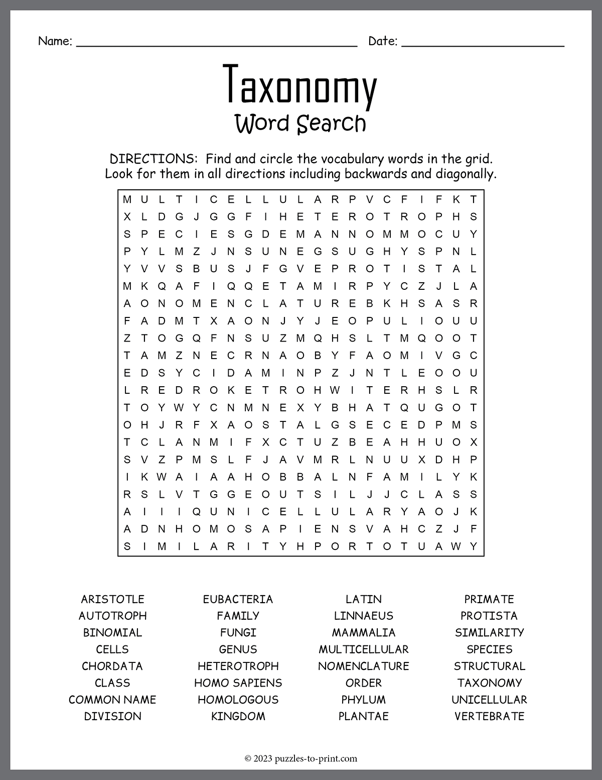 Taxonomy Word Search