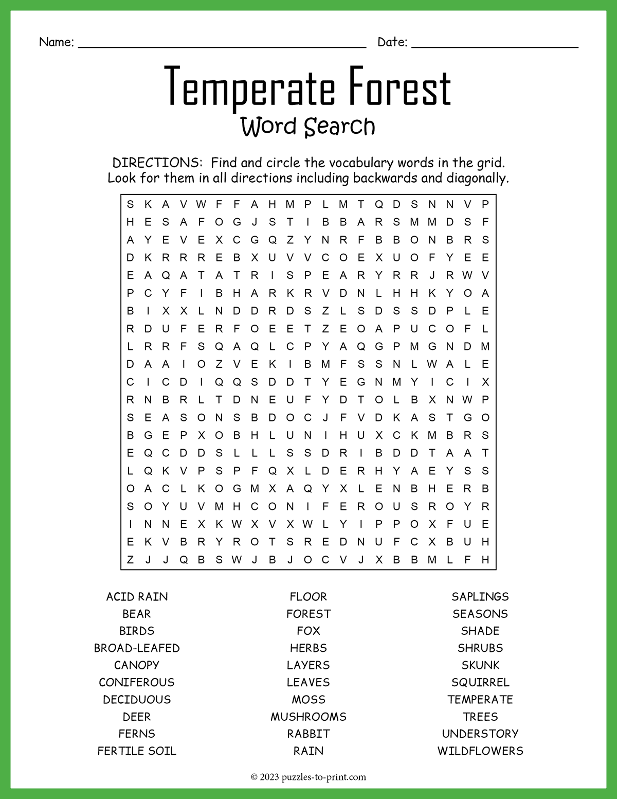 Temperate Forest Word Search