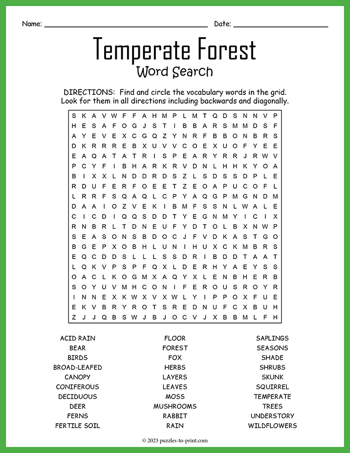 Temperate Forest Word Search