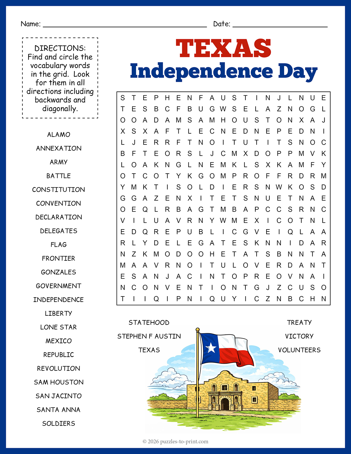 Texas Independence Day Word Search