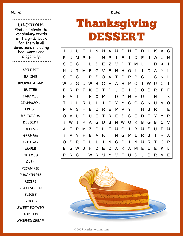Thanksgiving Desserts Word Search