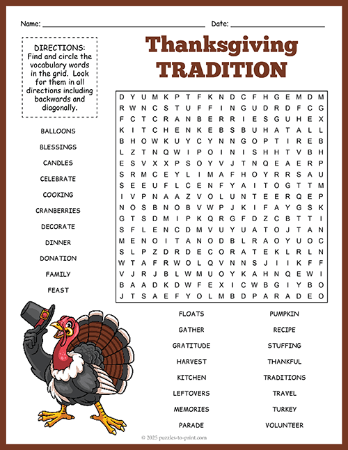 Thanksgiving Traditions Word Search