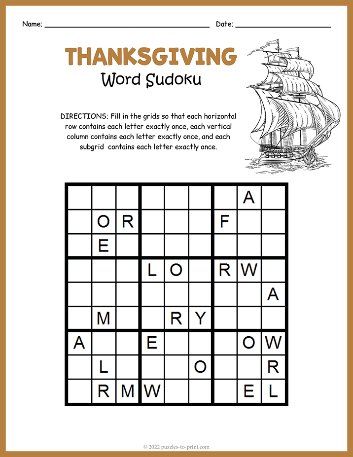 Thanksgiving Word Sudoku