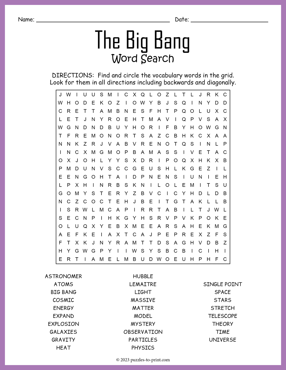 The Big Bang Word Search