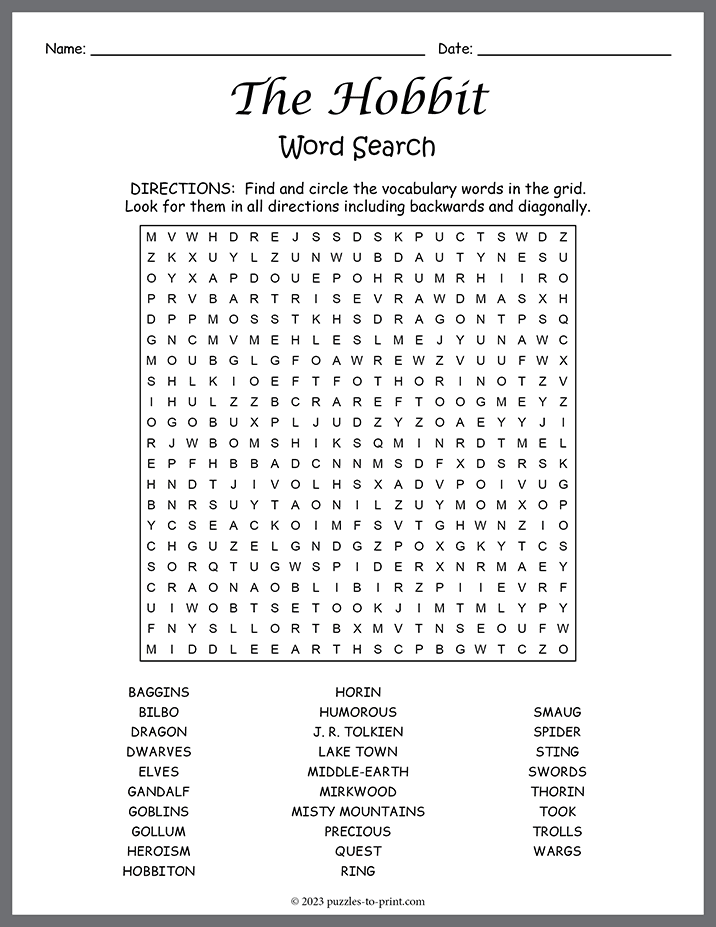 The Hobbit Word Search