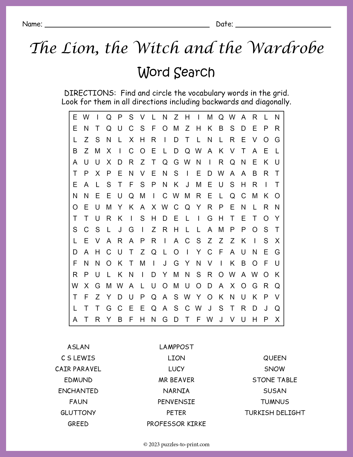 The Lion, the Witch and the Wardrobe Word Search